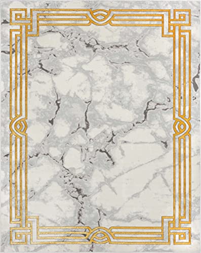 Well Woven Lezlee Ivory & Gold Retro Border Marble Pattern Area Rug (5'3" x 7'3")