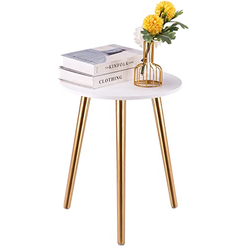 Apicizon Round Side Table, White Nightstand Coffee End Table for Living Room, Bedroom, Small Spaces, Easy Assembly Boho Side Table Home Decor Bedside Table with Glod Wood Legs 16.5 Inch (Gold)