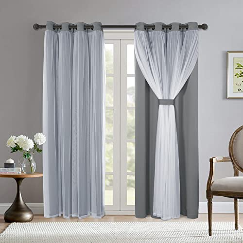 BONZER White Sheer Tulle Overlay Blackout Curtains Grommet Top Mix and Match Curtains for Living Room, Cloud Grey, 52x84 Inch, Set of 2 Panels