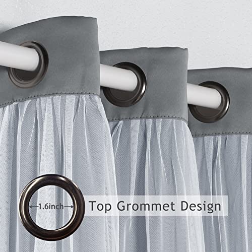 BONZER White Sheer Tulle Overlay Blackout Curtains Grommet Top Mix and Match Curtains for Living Room, Cloud Grey, 52x84 Inch, Set of 2 Panels