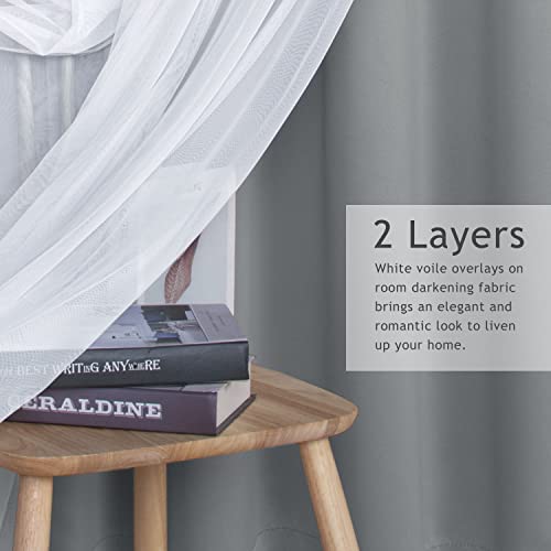 BONZER White Sheer Tulle Overlay Blackout Curtains Grommet Top Mix and Match Curtains for Living Room, Cloud Grey, 52x84 Inch, Set of 2 Panels