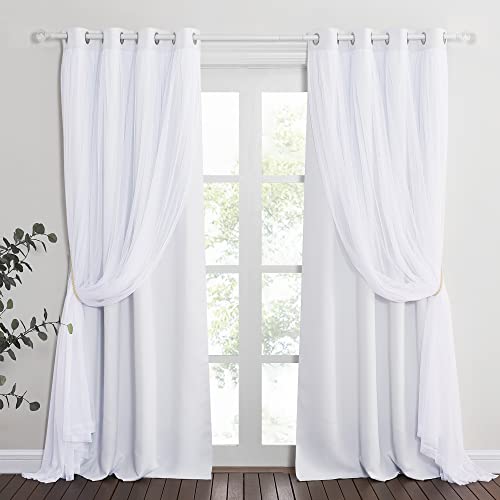 PONY DANCE Living Room Curtains 84 Inch Length - Sheer Overlay Curtains, 52 inches Wide, Window Treatment Panels, Cortinas De Sala Elegantes (Winter White, Set of 2, with Extra Tie-Backs)