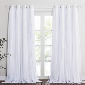 PONY DANCE Living Room Curtains 84 Inch Length - Sheer Overlay Curtains, 52 inches Wide, Window Treatment Panels, Cortinas De Sala Elegantes (Winter White, Set of 2, with Extra Tie-Backs)