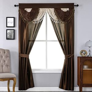 regal home collections amore curtains 5-piece window curtain set – 54-inch w x 84-inch l panels with attached valance and 2 tiebacks – bedroom curtains and living room curtains (brown)