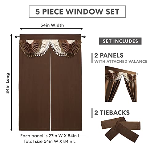 Regal Home Collections Amore Curtains 5-Piece Window Curtain Set - 54-Inch W x 84-Inch L Panels with Attached Valance and 2 Tiebacks - Bedroom Curtains and Living Room Curtains (Brown)