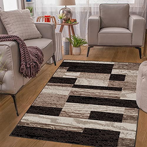 SUPERIOR Indoor Large Area Rug with Jute Backing for Bedroom, Dorm, Living Room, Entryway, Hallway, Perfect for Hardwood Floors - Rockwood Modern Geometric Design, 5' X 8', Chocolate