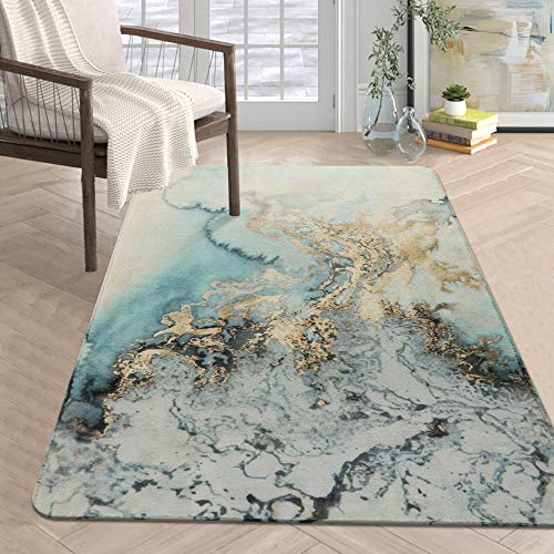 Lahome Marble Washable Area Rug - 3'x5' Bedroom Bathroom Entryway Rug Non-Slip Accent Distressed Blue Throw Rug Floor Carpet for Kitchen Entry Laundry Living Room Rug Decor (3’x 5’, Blue)