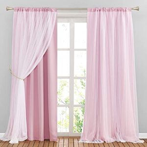 PONY DANCE Bedroom Curtains Sheer Overlay - Pink Curtains Mix & Match with White Sheer Drapes Elegant for Girls Room Darkening, 52" x 95", Light Pink, 2 PCs