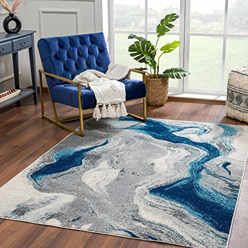 Hauteloom Istanbul Collection Modern Abstract Living Room Bedroom Area Rug - Marble Swirl Pattern - Contemporary Carpet - Grey, Blue, Beige, Navy Blue - 7'10" x 10'3"