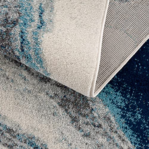 Hauteloom Istanbul Collection Modern Abstract Living Room Bedroom Area Rug - Marble Swirl Pattern - Contemporary Carpet - Grey, Blue, Beige, Navy Blue - 7'10" x 10'3"