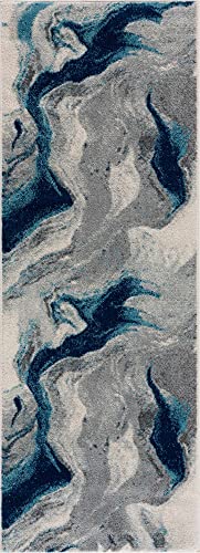 Hauteloom Istanbul Collection Modern Abstract Living Room Bedroom Area Rug - Marble Swirl Pattern - Contemporary Carpet - Grey, Blue, Beige, Navy Blue - 7'10" x 10'3"