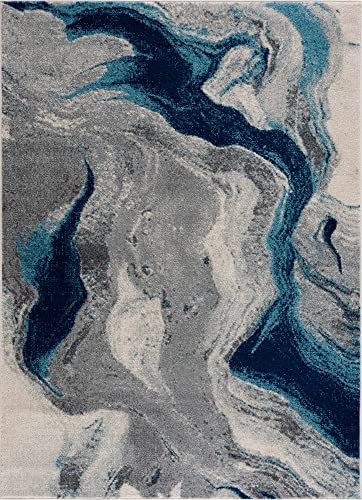 Hauteloom Istanbul Collection Modern Abstract Living Room Bedroom Area Rug - Marble Swirl Pattern - Contemporary Carpet - Grey, Blue, Beige, Navy Blue - 7'10" x 10'3"