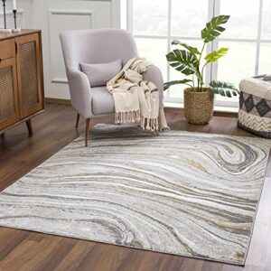 hauteloom liverpool modern abstract bedroom living room area rug – marble swirl pattern – contemporary bohemian farmhouse – light grey, dark grey, yellow – 5’3″ x 7′