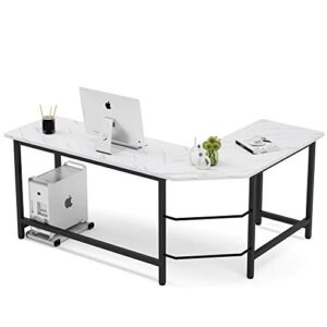 tribesigns 66 inch modern l shaped desk, corner computer desk pc laptop gaming table workstation for home office, white faux marble/black metal frame