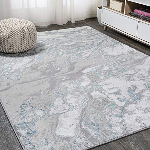 JONATHAN Y SOR203A-8 Swirl Marbled Abstract Indoor Area-Rug Contemporary Casual Transitional Easy-Cleaning Bedroom Kitchen Living Room Non Shedding, 8 X 10, Gray/Turquoise