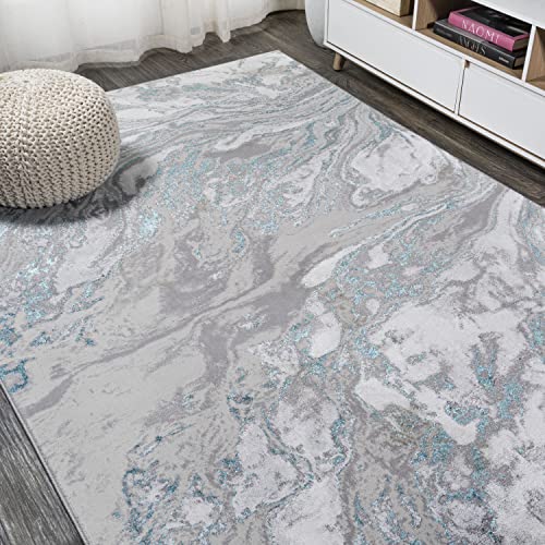 JONATHAN Y SOR203A-8 Swirl Marbled Abstract Indoor Area-Rug Contemporary Casual Transitional Easy-Cleaning Bedroom Kitchen Living Room Non Shedding, 8 X 10, Gray/Turquoise