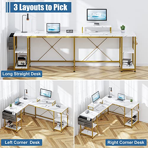 Lulive L Shaped Desk, 95" Reversible Corner Computer Desk with Shelves, Monitor Stand, Storage Bag, Hooks, 2 Person Long Desk for Home Office Writing Study Workstation (White Faux Marble)