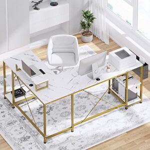 Lulive L Shaped Desk, 95" Reversible Corner Computer Desk with Shelves, Monitor Stand, Storage Bag, Hooks, 2 Person Long Desk for Home Office Writing Study Workstation (White Faux Marble)