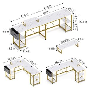 Lulive L Shaped Desk, 95" Reversible Corner Computer Desk with Shelves, Monitor Stand, Storage Bag, Hooks, 2 Person Long Desk for Home Office Writing Study Workstation (White Faux Marble)