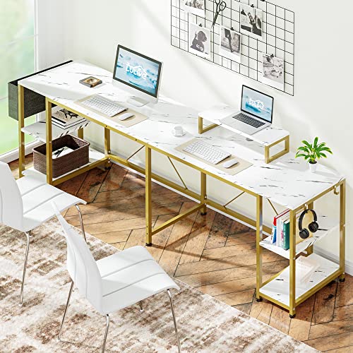 Lulive L Shaped Desk, 95" Reversible Corner Computer Desk with Shelves, Monitor Stand, Storage Bag, Hooks, 2 Person Long Desk for Home Office Writing Study Workstation (White Faux Marble)