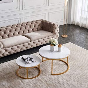 Hdxdkog Nesting Coffee Table Set of 2, Rustic Stacking Nesting Side Tables, Modern Round Marble Pattern Wooden Tables for Living Room Bedroom Apartment (Gold)