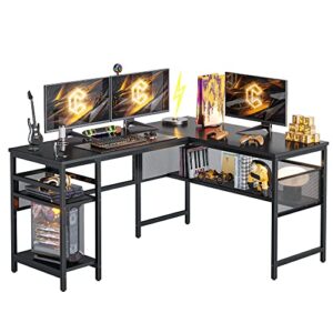 cubicubi l shaped desk with storage, 59.1 inch corner computer desk with shelves, home office workstation for study or working, black