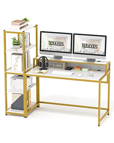 Teraves Computer Desk with 5 Tier Shelves,Reversible Writing Desk with Storage 49 Inch Study Table for Home Office Independent Bookcase and Desk for Multiple Scenes (Desk+Shelves, White+Gold Frame)