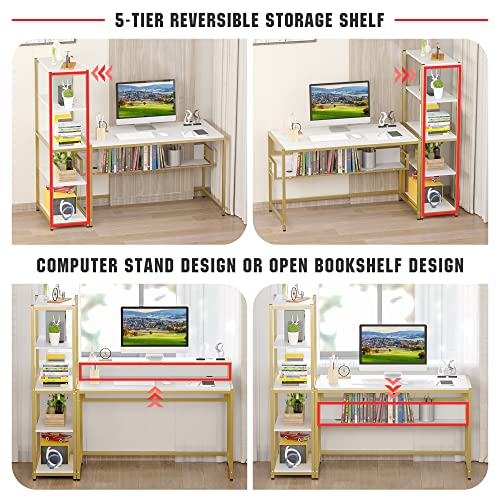 Teraves Computer Desk with 5 Tier Shelves,Reversible Writing Desk with Storage 49 Inch Study Table for Home Office Independent Bookcase and Desk for Multiple Scenes (Desk+Shelves, White+Gold Frame)