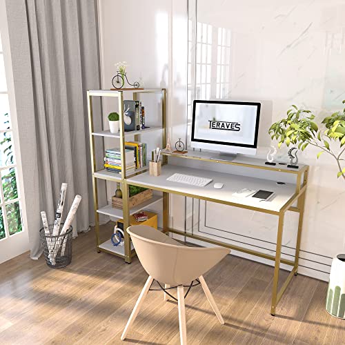 Teraves Computer Desk with 5 Tier Shelves,Reversible Writing Desk with Storage 49 Inch Study Table for Home Office Independent Bookcase and Desk for Multiple Scenes (Desk+Shelves, White+Gold Frame)