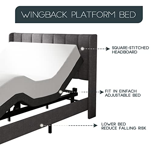 Einfach Full Upholstered Wingback Platform Bed Frame with Headboard/Mattress Foundation with Wood Slat Support and Square Stitched Headboard/No Box Spring Needed/Easy Assembly, Dark Grey