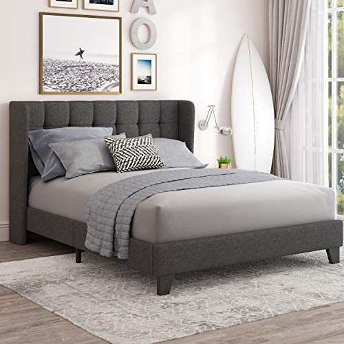 Einfach Full Upholstered Wingback Platform Bed Frame with Headboard/Mattress Foundation with Wood Slat Support and Square Stitched Headboard/No Box Spring Needed/Easy Assembly, Dark Grey