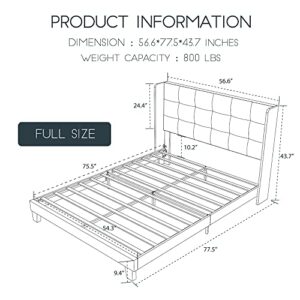 Einfach Full Upholstered Wingback Platform Bed Frame with Headboard/Mattress Foundation with Wood Slat Support and Square Stitched Headboard/No Box Spring Needed/Easy Assembly, Dark Grey