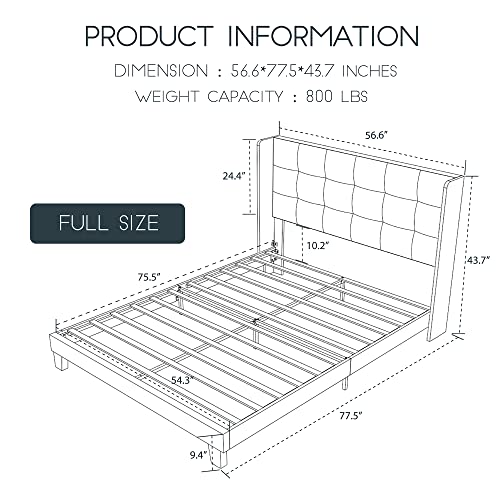 Einfach Full Upholstered Wingback Platform Bed Frame with Headboard/Mattress Foundation with Wood Slat Support and Square Stitched Headboard/No Box Spring Needed/Easy Assembly, Dark Grey