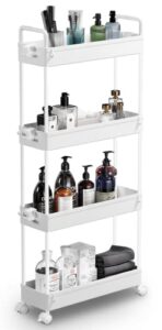 solejazz slim storage cart, 4 tier bathroom organizer mobile shelving unit, rolling utility cart slide out organizer for kitchen, bathroom, laundry, narrow places, white