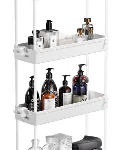 SOLEJAZZ Slim Storage Cart, 4 Tier Bathroom Organizer Mobile Shelving Unit, Rolling Utility Cart Slide Out Organizer for Kitchen, Bathroom, Laundry, Narrow Places, White