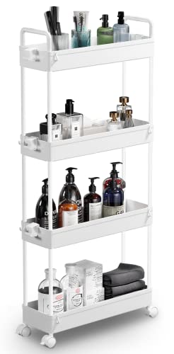 SOLEJAZZ Slim Storage Cart, 4 Tier Bathroom Organizer Mobile Shelving Unit, Rolling Utility Cart Slide Out Organizer for Kitchen, Bathroom, Laundry, Narrow Places, White