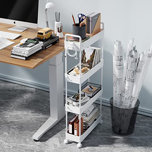 SOLEJAZZ Slim Storage Cart, 4 Tier Bathroom Organizer Mobile Shelving Unit, Rolling Utility Cart Slide Out Organizer for Kitchen, Bathroom, Laundry, Narrow Places, White