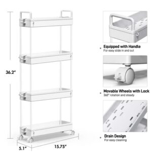 SOLEJAZZ Slim Storage Cart, 4 Tier Bathroom Organizer Mobile Shelving Unit, Rolling Utility Cart Slide Out Organizer for Kitchen, Bathroom, Laundry, Narrow Places, White