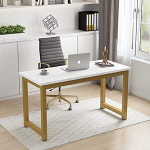 Tribesigns Modern Computer Desk, 55 inches Large Office Desk Computer Table Study Writing Desk for Home Office, White Gold Metal Frame