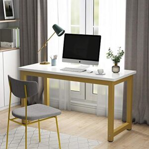 Tribesigns Modern Computer Desk, 55 inches Large Office Desk Computer Table Study Writing Desk for Home Office, White Gold Metal Frame