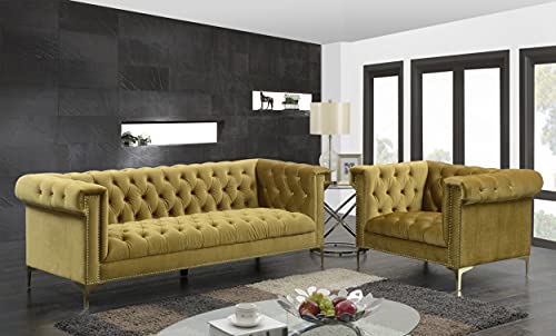 Iconic Home Gold/COGNAC Gold Bea Velvet with Nail head Trim Tone Metal Sofa