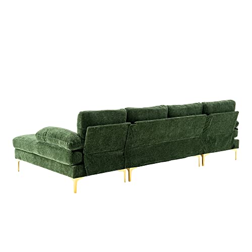 Olela U Shape Sectional Sofa,Modern Large Chenille Fabric Modular Couch,Extra Wide Sofa with Chaise Lounge and Golden Legs for Living Room (Green)