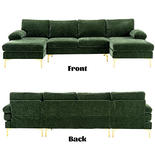 Olela U Shape Sectional Sofa,Modern Large Chenille Fabric Modular Couch,Extra Wide Sofa with Chaise Lounge and Golden Legs for Living Room (Green)