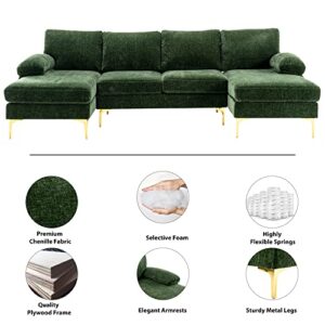 Olela U Shape Sectional Sofa,Modern Large Chenille Fabric Modular Couch,Extra Wide Sofa with Chaise Lounge and Golden Legs for Living Room (Green)