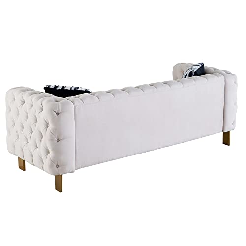 Dolonm Modern Sofa for Living Room, 84 Inches Long Button Tufted Couch Upholstered Linen Sofa with 2 Pillows High Arm and Metal Legs Decor Furniture for Bedroom, Office (Beige)