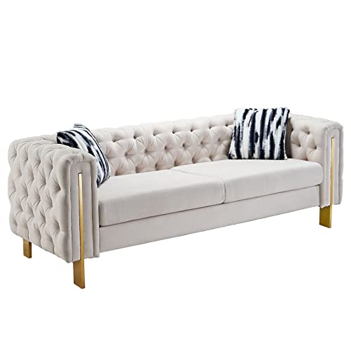 Dolonm Modern Sofa for Living Room, 84 Inches Long Button Tufted Couch Upholstered Linen Sofa with 2 Pillows High Arm and Metal Legs Decor Furniture for Bedroom, Office (Beige)