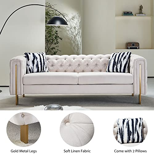 Dolonm Modern Sofa for Living Room, 84 Inches Long Button Tufted Couch Upholstered Linen Sofa with 2 Pillows High Arm and Metal Legs Decor Furniture for Bedroom, Office (Beige)