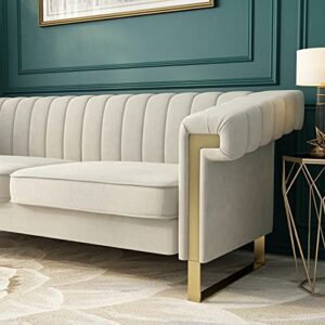 Chesterfield Sofa with Tufted Velvet Upholstered,Modern Velvet Couch with Flared Arms and Removable Cushions,83.85 Inch Width Living Room Furniture,Solid Wood Frame and Gold Legs(Beige)