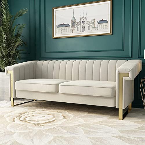 Chesterfield Sofa with Tufted Velvet Upholstered,Modern Velvet Couch with Flared Arms and Removable Cushions,83.85 Inch Width Living Room Furniture,Solid Wood Frame and Gold Legs(Beige)