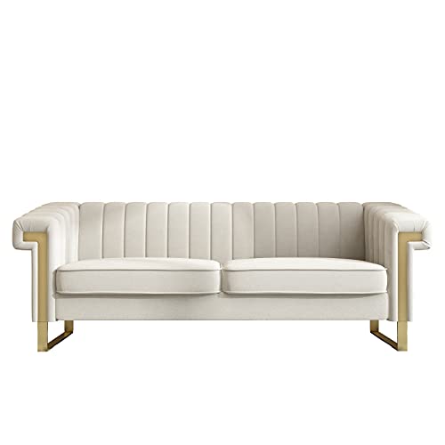 Chesterfield Sofa with Tufted Velvet Upholstered,Modern Velvet Couch with Flared Arms and Removable Cushions,83.85 Inch Width Living Room Furniture,Solid Wood Frame and Gold Legs(Beige)